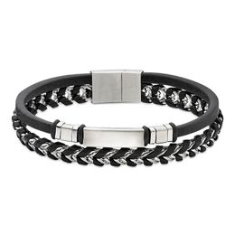 Armband Bruno Banani "Schmuck Geschenk Edelstahlarmband mit Lederimitat", edelstahlfarben, schwarz, Armb&auml;nder, Damen, 21cm, Edelstahl Lederimitat, Edelstahl, Lederimitat, Armband, mit Zirkonia (synth.)