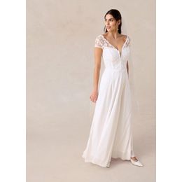 bonprix Brautkleid mit Spitze, wei&szlig;, Gr.50, Bezauberndes Brautkleid in Maxi-L&auml;nge mit floraler Stickerei und Spitzen-Einsatz im Oberteil