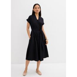 bonprix Ausgestelltes Kaftan-Kleid, schwarz, Gr.36, Ausgestelltes Kleid mit V-Ausschnitt, kurzen &Auml;rmeln, verstellbarem G&uuml;rtel in der Taille und seitlichen Eingrifftaschen, 100% Baumwolle