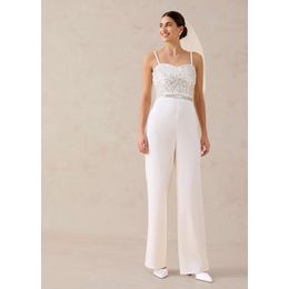 bonprix Overall aus strukturiertem Crepe mit Perlenstickerei, wei&szlig;, Gr.46, Modern und sexy: Overall aus strukturiertem Crepe mit Bustier-Ausschnitt und Perlenstickerei im Oberteil