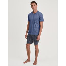 Shorty Calida "Relax Imprint 2", Damen, Gr. L (52/54), coastal fjord, Single Jersey, Obermaterial: 100% Baumwolle, bequem kurz, V-Ausschnitt, Homewear-Sets Shorty, kurzarm, Rundhals, Brusttasche