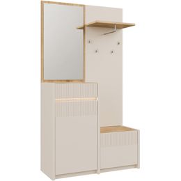 Kompaktgarderobe FORTE "Oak Squere Garderobe, 1 T&uuml;re, 1SK, 1 Klappe", beige (sand, mauvella eiche), B:108,4cm H:195,9cm T:41,7cm, Holzwerkstoff, Schr&auml;nke, B/H/T 108,4 /195,9/41,7 cm Spiegel, Haken, Kleiderstange