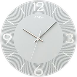 Wanduhr AMS "W9571", silber (silberfarben), Wanduhren, B/H/L: 3cm, Wanduhr, Quarzuhr,Glas,Wohnzimmer,Esszimmer,K&uuml;che,Arbeitszimmer,B&uuml;ro, Flur