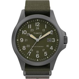 Solaruhr Timex "FIELD POST", gr&uuml;n (khaki), Armbanduhren, Herren, Armbanduhr, Herrenuhr, Datum, Leuchtzeiger, Saphirglas, Textilarmband