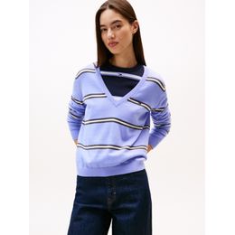 V-Ausschnitt-Pullover Tommy Jeans "TJW ESSENTIAL VNECK SWEATER EXT", Damen, Gr. M (38), vintage iris, stripe, Strick, Obermaterial: 100% Baumwolle, unifarben, normal normal, V-Ausschnitt, Rippstrickb&uuml;ndchen, Pullover, mit Logostickerei