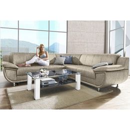 Ecksofa Trendmanufaktur "Rondo wahlweise mit Schlaffunktion, bequeme Armlehnen", beige (sand, beige), B:267cm H:85cm T:247cm, Microfaser PRIMABELLE (100% Polyester);Kunstleder SOFTLUX;Struktur (54% Polyacryl, 46% Polyester);NaturLEDER (echtes Rindsleder) in Sitz und R&uuml;cken, Korpus Kunstleder SOFTLUX, Sofas, Ecksofa, L-Form, wahlw.mit Federkern, F&uuml;&szlig;e chromfarben, Unser Dauertiefpreis
