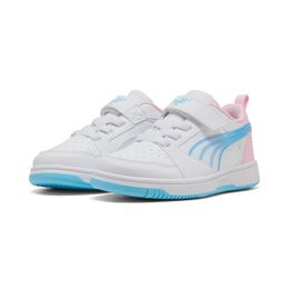 Sneaker Puma "REBOUND V6 LO JELLY HEAVEN AC+ PS", M&auml;dchen, Gr. 29, Puma wei&szlig;, vibrant blau, pink shimmer, Synthetik, unifarben, Schuhe Sneaker, f&uuml;r Kinder, mit leicht profilierter Gummilaufsohle