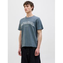 Jack & Jones T-Shirt JACK & JONES "JORALMERIA BOLD BRANDING TEE SS CN", Herren, Gr. S, grau (stormy weather), Jersey, Obermaterial: 100% Baumwolle, bedruckt, regular fit taillenbedeckt, Rundhals, gerader Abschluss, Shirts T-Shirt, mit Logo Druck