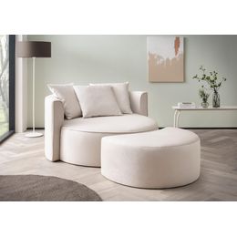 XXL-Sessel "ISALIE, Rundsessel mit Hocker, Lesesessel, Loveseat, Big-Sessel", beige (creme), B:153cm H:98cm T:208cm, LeGer Home by Lena Gercke, Sessel, XXL-Sessel, trendige Stoffe, 3 Zierkissen, gro&szlig;e Sitzfl&auml;che, Cord, Samt, Boucl&eacute;