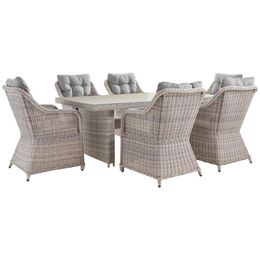 Ambia Garden Dining-Loungeset, Hellgrau, Dunkelgrau, Metall, Kunststoff, Glas, Textil, F&uuml;llung: Schaumstoff,Polyester, rund, 200x74x100 cm, Tisch mit Glasplatte, Loungem&ouml;bel, Gartenlounge-Sets
