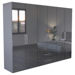 CARRYHOME Kleiderschrank, Anthrazit Hochglanz, Anthrazit, Holzwerkstoff, 7 F&auml;cher, 3 Schublade(n) Schubladen, 294x219x59 cm, in verschiedenen Gr&ouml;&szlig;en erh&auml;ltlich, Holzdekoren erh&auml;ltlich, Schlafzimmer, Kleiderschr&auml;nke, Dreht&uuml;renschr&auml;nke
