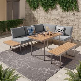 Ambia Garden Dining-Loungeset, Natur, Hellgrau, Metall, Kunststoff, Textil, 4-teilig, F&uuml;llung: Schaumstoff,Polyester, Eckteil, 253.5x64.5x184 cm, Loungem&ouml;bel, Gartenlounge-Sets