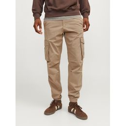 Jack & Jones Cargohose JACK & JONES "JPSTKANE NOAH CUFFED CARGO NOOS", Herren, Gr. S, N-Gr, e.wood, Web, Obermaterial: 98% Baumwolle, 2% Elasthan, unifarben, relaxed fit kn&ouml;chellang, Hosen Cargohose