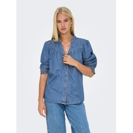 Jeansbluse Only "ONLRAYA 3/4 SHIRT DNM AKM NOOS", Damen, Gr. XS, medium blau denim, Denim/Jeans, Obermaterial: 100% Baumwolle, unifarben, regular fit h&uuml;ftlang, V-Ausschnitt, Blusen Jeansbluse, mit R&uuml;schenkragen