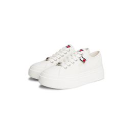 Plateausneaker Tommy Jeans "TJW FLATFORM SNEAKER CHARMS", Herren, Gr. 40, ecru, Baumwolle, unifarben, Schuhe Plateausneaker, Halbschuh, Schn&uuml;rer, Freizeischuh mit kleiner TJ-Flagge als Anh&auml;nger