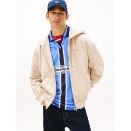 Kapuzensweatjacke Tommy Jeans "TJM 90S SCRIPT RIB FLEECE", Herren, Gr. M, gulf sand, Sweatware, Obermaterial: 80% Baumwolle, 20% Polyester, normal normal, B&uuml;ndchen, Sweatjacken