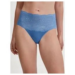 Slip Calida "Sensual Secrets", Damen, Gr. L (48/50), blau (riviera blau), Single Jersey, Obermaterial: 57% Viskose, 38% Baumwolle, 5% Elasthan, normal, Unterhosen Slip, breiter Spitzenbund, Viskose-Mix, Single Jersey, elastisch, weich