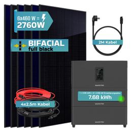 SUNNIVA&reg; 2760W Balkonkraftwerk mit 7,68 kWh Speicher MARSTEK Jupiter C + Plus, BIFAZIAL FULLBLACK komplett Steckdose, PV Solaranlage Komplettset mit Solarspeicher, 6x 460W N-Type Glas-Glas Bifacial PV