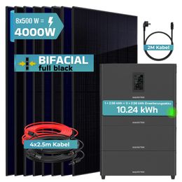 SUNNIVA&reg; 4000W Balkonkraftwerk mit 10,24 kWh Speicher MARSTEK Jupiter C + Plus, BIFAZIAL FULLBLACK komplett Steckdose, PV Solaranlage Komplettset mit Solarspeicher, 8x 500W N-Type Glas Bifacial PV