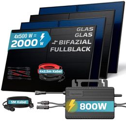 SUNNIVA&reg; 2000W Balkonkraftwerk BIFAZIAL FULLBLACK komplett Steckdose VAYSUNIC VM800WE-BE-P2 800W Wechselrichter, PV Solaranlage Komplettset,4x500W Glas-Glas Bifacial Solarmodule, 5m + 4x2,5m Kabelset