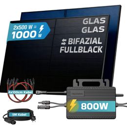SUNNIVA&reg; 1000W Balkonkraftwerk BIFAZIAL FULLBLACK komplett Steckdose VAYSUNIC VM800WE-BE-P2 800W Wechselrichter, PV Solaranlage Komplettset,2x500W Glas Bifacial Solarmodule, 5m + 4x1m Kabelset