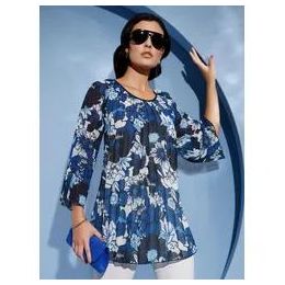 CR&Eacute;ATION L Druckbluse CREATION L, Damen, Gr. 42, blau (royalblau, schwarz, bedruckt), 100% Polyester, gebl&uuml;mt, gemustert, mehrfarbig, Rundhals, Blusen Druckbluse