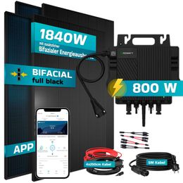 SUNNIVA&reg; 1840W Balkonkraftwerk BIFAZIAL FULLBLACK komplett Steckdose GROWATT NEO-800M-X Wechselrichter, PV Solaranlage Komplettset,4x460W Glas-Glas Bifacial Solarmodule, 5m Kabel,4x2,5m Solarkabel