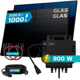 SUNNIVA&reg; 1000W Balkonkraftwerk BIFAZIAL FULLBLACK komplett Steckdose GROWATT NEO-800M-X 800 Watt Wechselrichter, Solaranlage Komplettset, 2x 500W N-Type Glas Bifacial Solarmodule, 5m Kabel