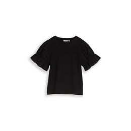 Tom Tailor Denim Damen Loose Fit T-Shirt mit Lochstickereien, schwarz, Uni, Gr. XL
