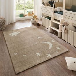 Kinderteppich Theko "Gaia Kids Sky", sand, B:140cm H:10mm L:200cm, Schurwolle, Teppiche, Kinderteppich, getuftet, reine Schurwolle, Motiv Mond & Sterne, Kinderzimmer