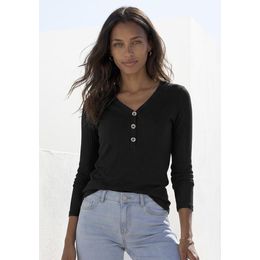 Lascana Langarmshirt schwarz Gr. 36/38 f&uuml;r Damen. Mit V-Ausschnitt. Figurbetont. Nachhaltig.
