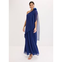 bonprix Abendkleid aus feinem Chiffon mit Blumenapplikation, blau, Gr.52, Maxi-Kleid aus feinem Chiffon mit One-Shoulder und Blumen-Applikation