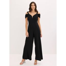 bonprix Overall aus strukturiertem Crep&eacute;, schwarz, Gr.44, Overall aus strukturiertem Crep&eacute; mit Tr&auml;gern und Off-Shoulder-Detail