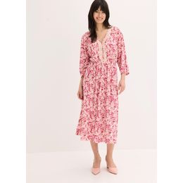 bonprix Jerseykleid mit Spitze, pink, Gr.52/54 (XXL), sommerlich bedrucktes Midikleid mit dekorativer Spitze vorne am Ausschnitt