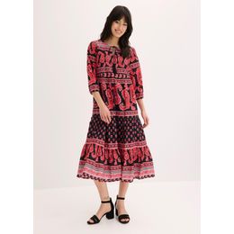 bonprix Midikleid aus reiner Baumwolle, schwarz, Gr.50, Sch&ouml;nes Tunika-Kleid mit Bindeb&auml;ndern und Volants, aus 100% Baumwolle