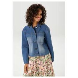 Jeansjacke Aniston CASUAL, Damen, Gr. 46, blau (blau usde), Denim/Jeans, Obermaterial: 98% Baumwolle, 2% Elasthan, Abriebeffekte, unifarben, l&auml;ssig geschnitten taillenbedeckt, 1-Knopf-Manschette, Jacken Jeansjacke, in trendiger Used-Waschung