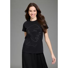 T-Shirt Laura Scott, Damen, Gr. 36/38, schwarz, Single Jersey, Obermaterial: 100% Baumwolle, bedruckt, figurumspielend h&uuml;ftlang, Rundhals, Shirts T-Shirt, mit Stickerei, schimmernde Optik, moderner Look