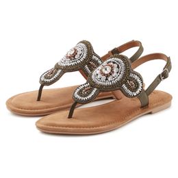 Zehentrenner Lascana "Sandalette, Sommerschuh, offener Schuh", Damen, Gr. 35, gr&uuml;n (olivgr&uuml;n), Obermaterial: 80% Synthetik, 20% Schafsleder. Decksohle: 100% Ziegenleder. Futter: 100% Schafsleder. Laufsohle: 100% Synthetik, bestickt, Schuhe Zehentrenner, Sandale, Pantolette in Glitzer-Optik und softer Lederinnensohle