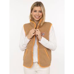 Fleeceweste Zwillingsherz "Leo Herzpatch", Damen, Gr. L, taupe, Pl&uuml;sch, Obermaterial: 100% Polyester, kontrastfarbene Details, unifarben, h&uuml;ftbedeckend, ohne Ausschnitt, Westen Fleeceweste, kuschelig weich, mit Eingriffstaschen, Stehkragen, Rei&szlig;verschluss