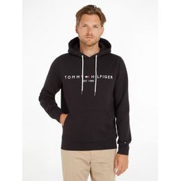 Kapuzensweatshirt Tommy Hilfiger "TOMMY LOGO HOODY", Herren, Gr. S (46), schwarz (jet schwarz), Sweatware, Obermaterial: 72% Baumwolle, 28% Polyester, bestickt, unifarben, Basic schmal h&uuml;ftbedeckend, Rippb&uuml;ndchen, Sweatshirts, Baumwoll-Mix