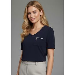 T-Shirt Bruno Banani, Damen, Gr. 32/34, navy, Jersey, Obermaterial: 95% Viskose, 5% Elasthan, unifarben, figurumspielend h&uuml;ftlang, tiefer V-Ausschnitt, Shirts T-Shirt, mit tiefem V-Ausschnitt, Brusttasche und Rei&szlig;verschluss-Detail