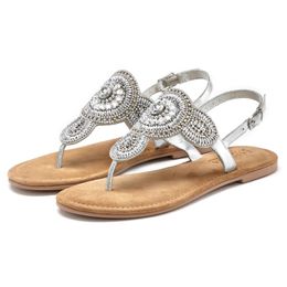 Zehentrenner Lascana "Sandalette, Sommerschuh, offener Schuh", Damen, Gr. 35, silber (silberfarben), Obermaterial: 80% Synthetik, 20% Schafsleder. Decksohle: 100% Ziegenleder. Futter: 100% Schafsleder. Laufsohle: 100% Synthetik, bestickt, Schuhe Zehentrenner, Sandale, Pantolette in Glitzer-Optik und softer Lederinnensohle