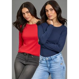 Longsleeve Laura Scott, Damen, Gr. 32/34, marine, rot, Single Jersey, Obermaterial: 95% Baumwolle, 5% Elasthan, unifarben, Basic, Basic h&uuml;ftbedeckend, U-Boot-Ausschnitt, Shirts, Basic-Stil und Passform, mit U-Boot-Ausschnitt