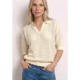 Kurzarmpullover Street One, Damen, Gr. 46, soft beige, Web, 100% Baumwolle, gestreift, normal normal, V-Ausschnitt, Rippb&uuml;ndchen, Pullover, im Streifendesign