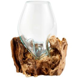 Ambia Home Vase, Braun, Klar, Transparent, Holz, Glas, Recyclingholz, Hartholz, 30 cm, Handmade in Indonesia, nur f&uuml;r Seiden- und Kunstblumen geeignet, mundgeblasen, handgemacht, zum Stellen, Dekoration, Vasen, Glasvasen
