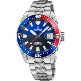 Taucheruhr Festina "The Originals/Diver", silber (silberfarben, blau, rot), Armbanduhren, Herren, Armbanduhr,Quarzuhr,Herrenuhr,bis 20 bar wasserdicht, Edelstahlarmband