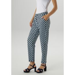 Schlupfhose Aniston SELECTED, Damen, Gr. 34, N-Gr, bunt (blau, wei&szlig;, hellblau), Jersey, Obermaterial: 67% Polyester, 31% Viskose, 2% Elasthan, Jacquardmuster, gemustert, figurumspielend kn&ouml;chelfrei, Hosen Schlupfhose, mit Allover-Muster in geometrischer Wabenoptik