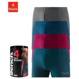 Boxer Bench. "Boxershorts f&uuml;r Herren", Herren, Gr. L, 4 Stk., bunt (blau, anthrazit, meliert, petrol, bordeaux), Jersey, Obermaterial: 95% Baumwolle, 5% Elasthan, unifarben, Unterhosen, Unterhosen in der Dose mit kleinem Logodruck auf dem Bein
