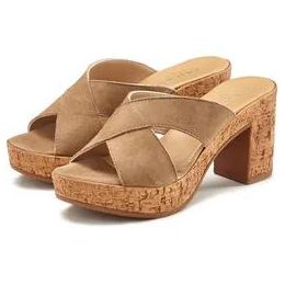 Pantolette Lascana "Sommerschuh, offener Schuh, Sandalette, Mule", Damen, Gr. 38, beige (taupe), Obermaterial: 100% Ziegenleder. Decksohle: 100% Ziegenleder. Futter: 100% Synthetik. Laufsohle: 100% Synthetik, Veloursleder, unifarben, Schuhe Pantolette, aus Leder mit Blockabsatz