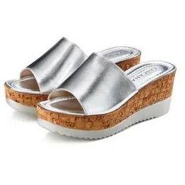 Pantolette Lascana "Sommerschuh, offener Schuh, Mule, Sandalette", Damen, Gr. 42, silber (silberfarben), Obermaterial: 100% Ziegenleder. Decksohle: 100% Ziegenleder. Futter: 100% Synthetik. Laufsohle: 100% Synthetik, mehrfarbig, metallic, Schuhe Pantolette, aus Leder mit Keilabsatz